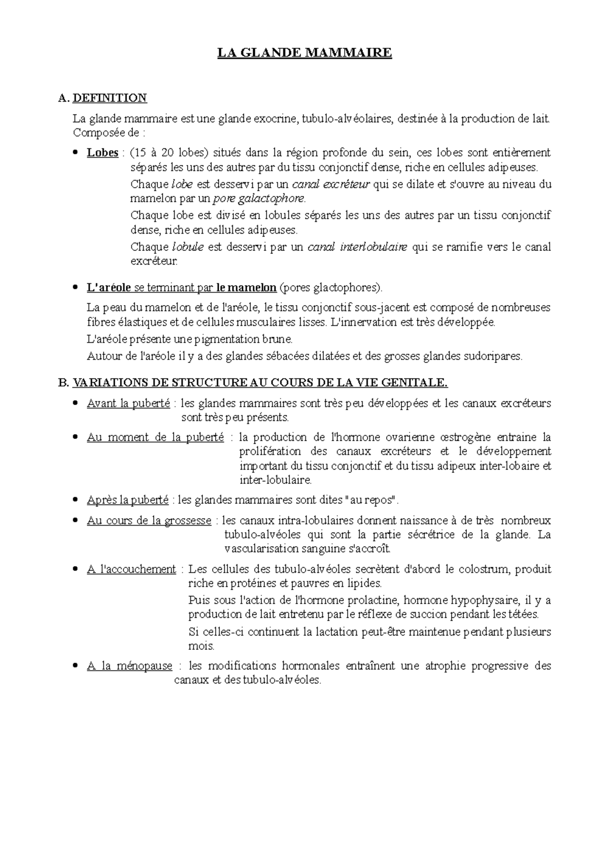 Glande Mammaire - LA GLANDE MAMMAIRE A. DEFINITION La glande mammaire ...