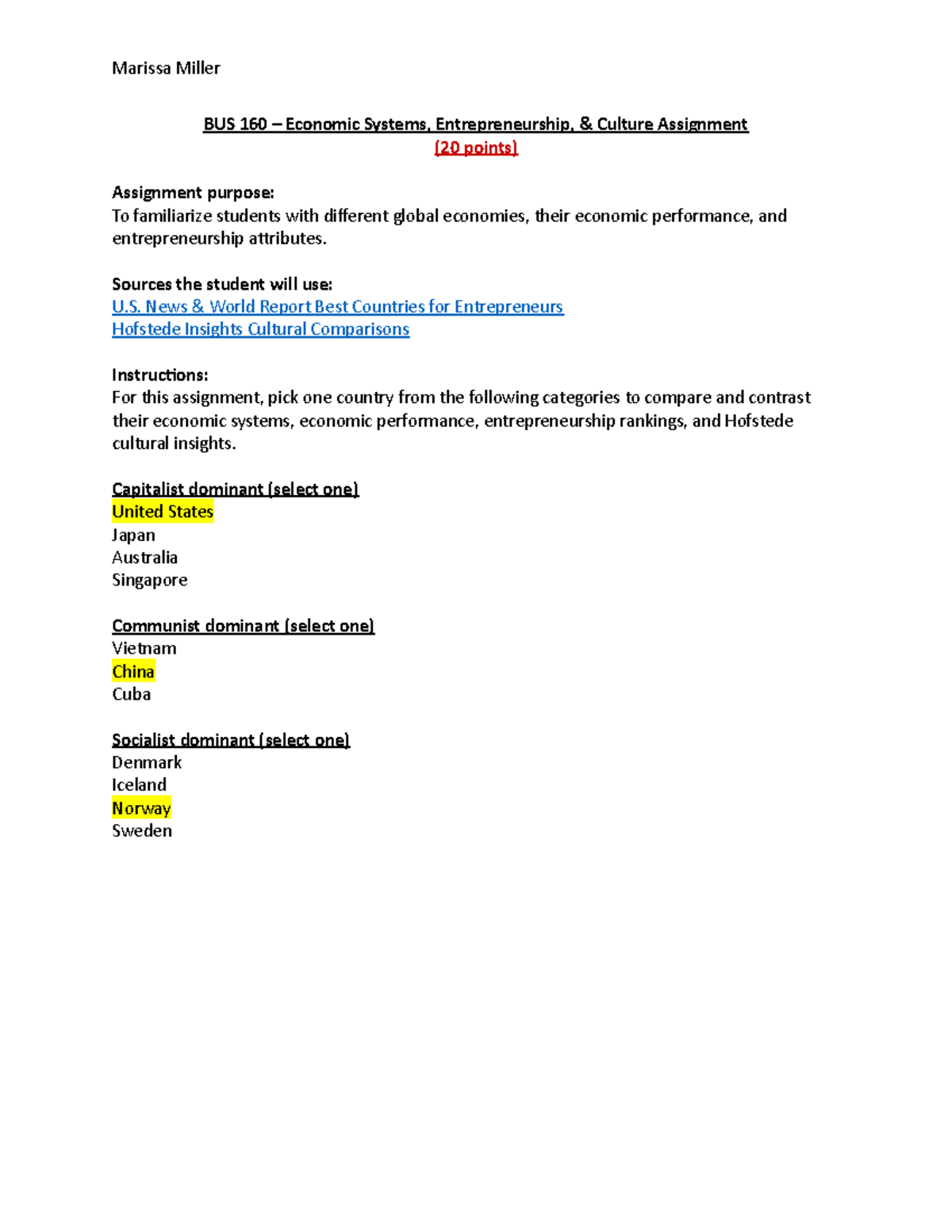 Student Template BUS 160 Chapter Entrepreneurship, Econ, and Culture ...