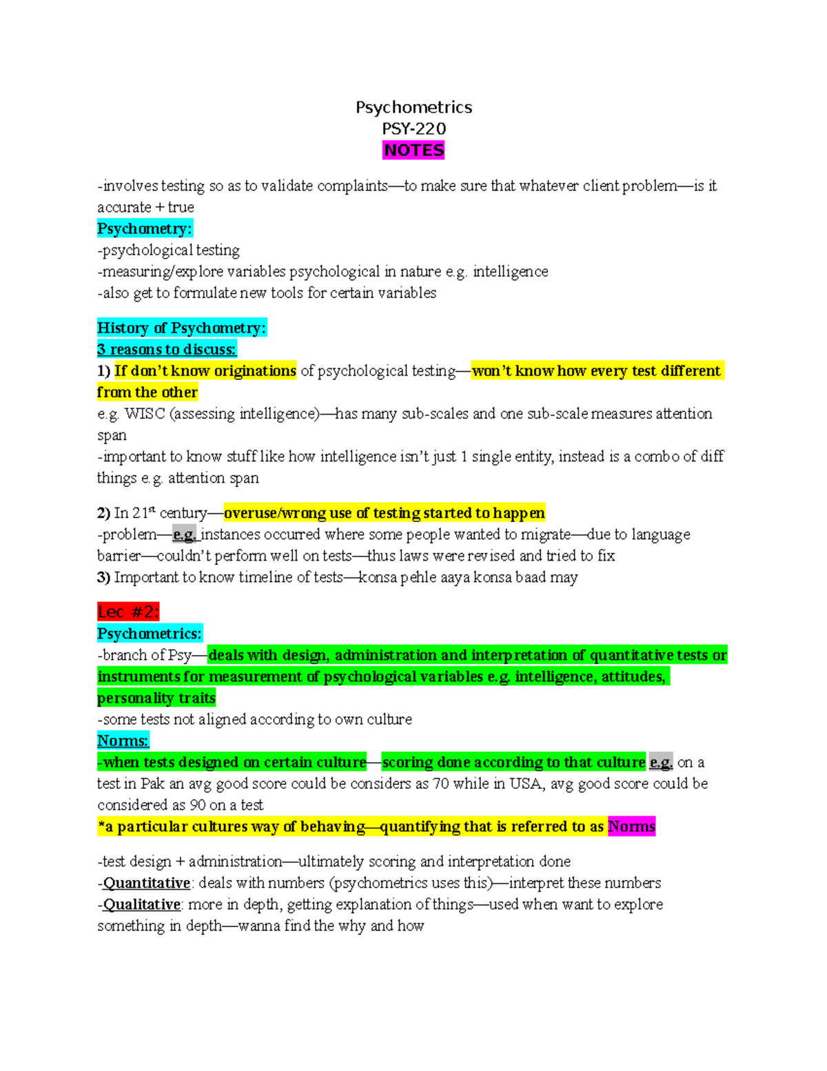 Psychometrics Notes - Summary/Coursework material for psychological ...