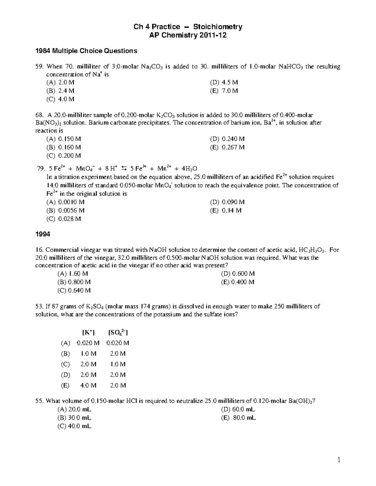 Mc and fr stoichiometry - Ch 4 Practice - Stoichiometry AP Chemistry ...