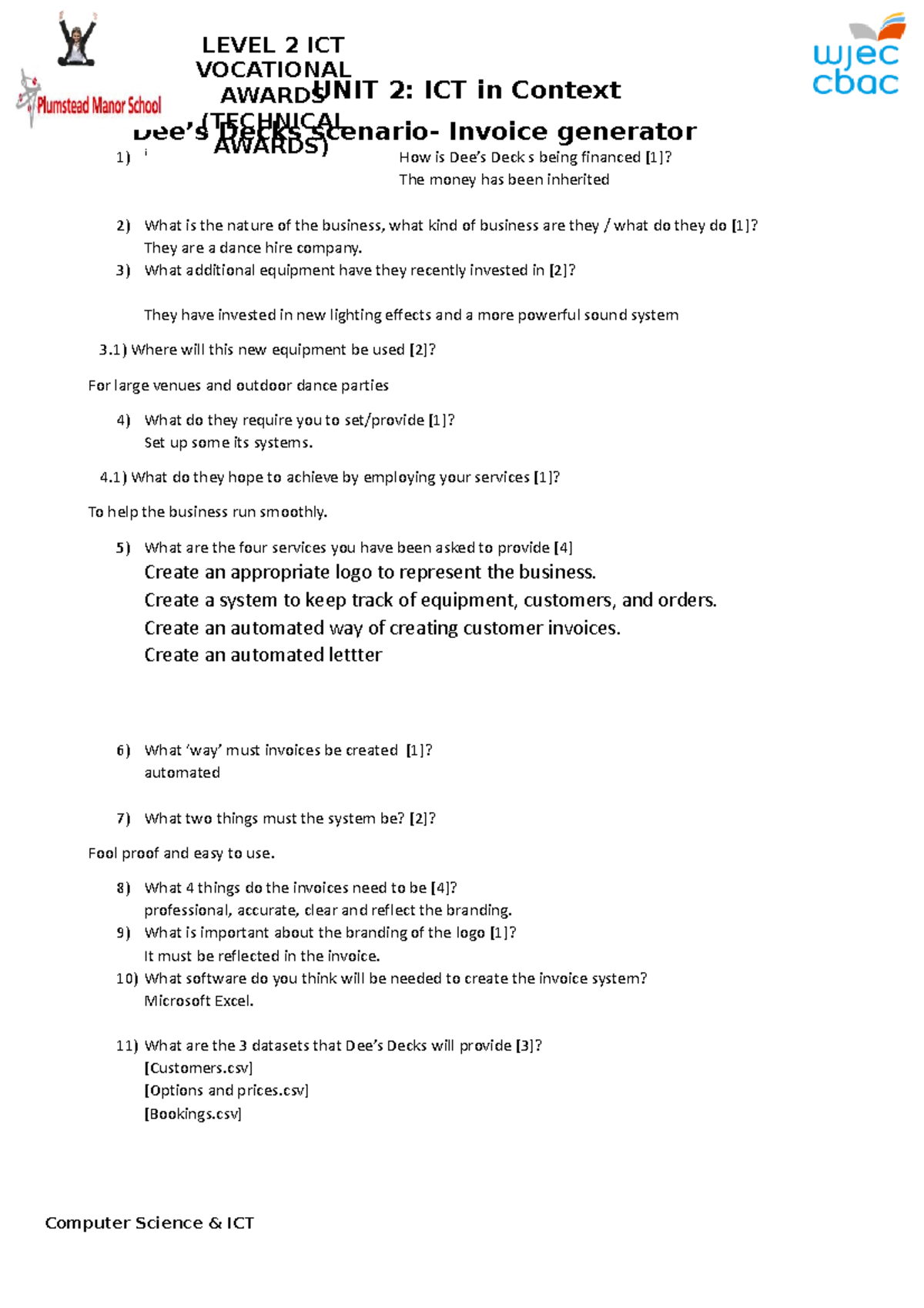 Scenario orientation qs Dee Decks Spreadsheet - UNIT 2: ICT in Context ...