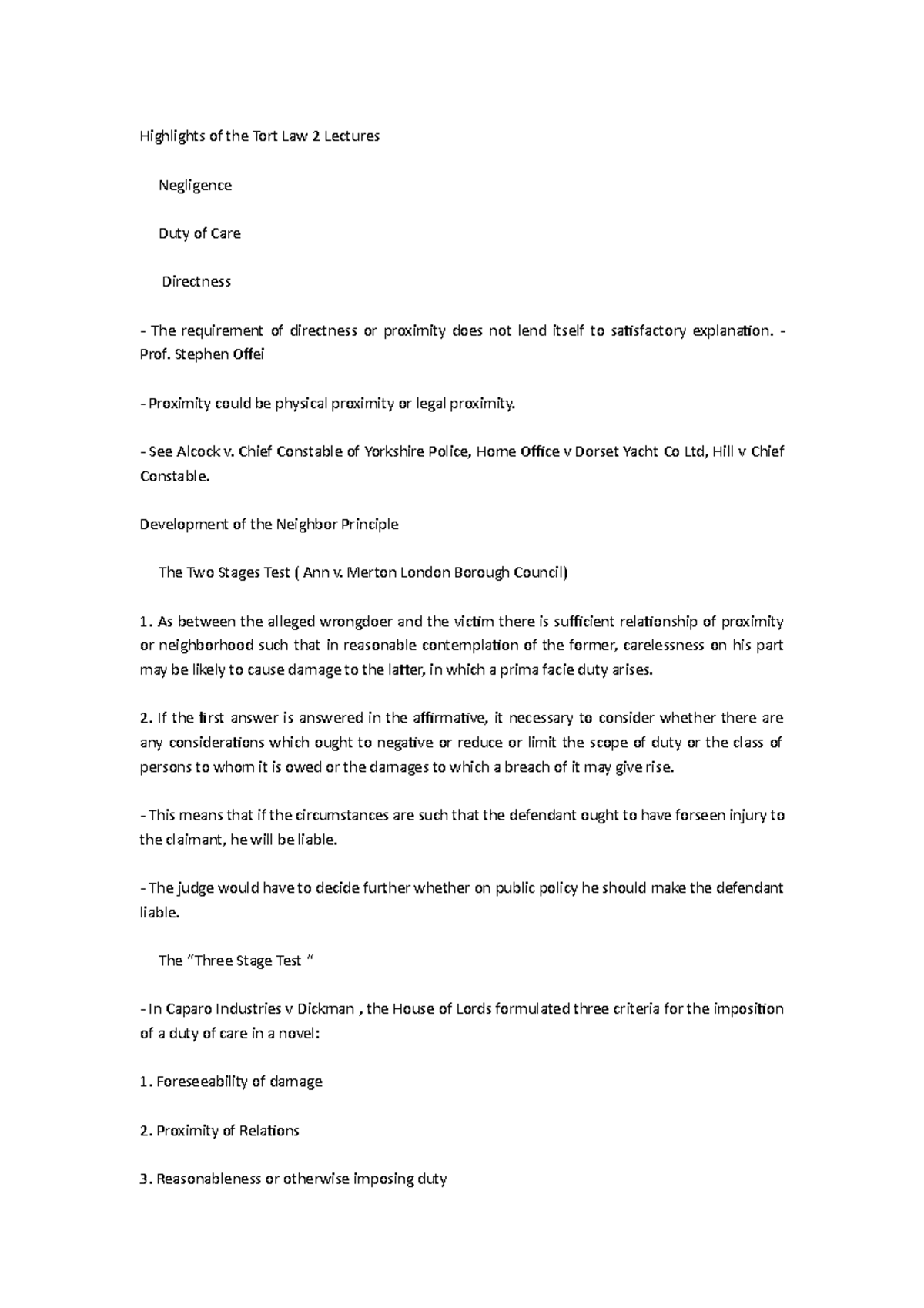 Tort Law 2 -Negligence - Highlights of the Tort Law 2 Lectures ...