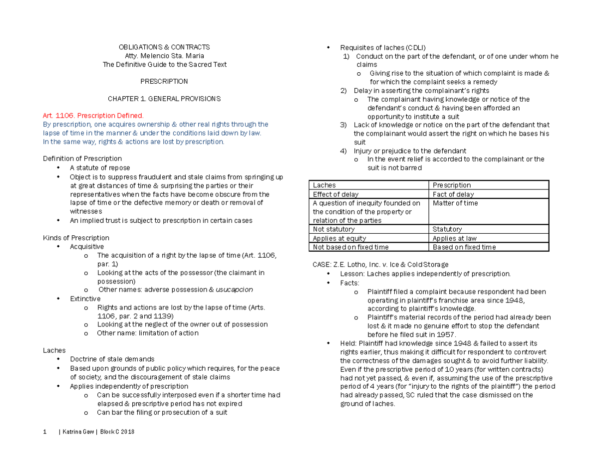OBLICON Notes First Semester - OBLIGATIONS & CONTRACTS Atty. Melencio ...