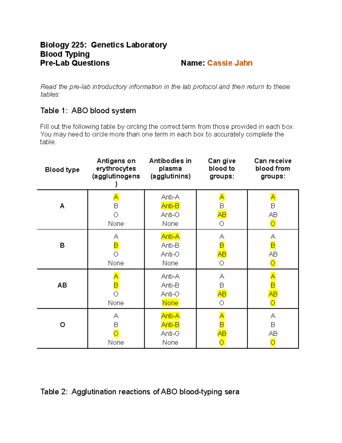 Blood Typing Pre-Lab - Dr. Baker - Biology 225: Genetics Laboratory ...