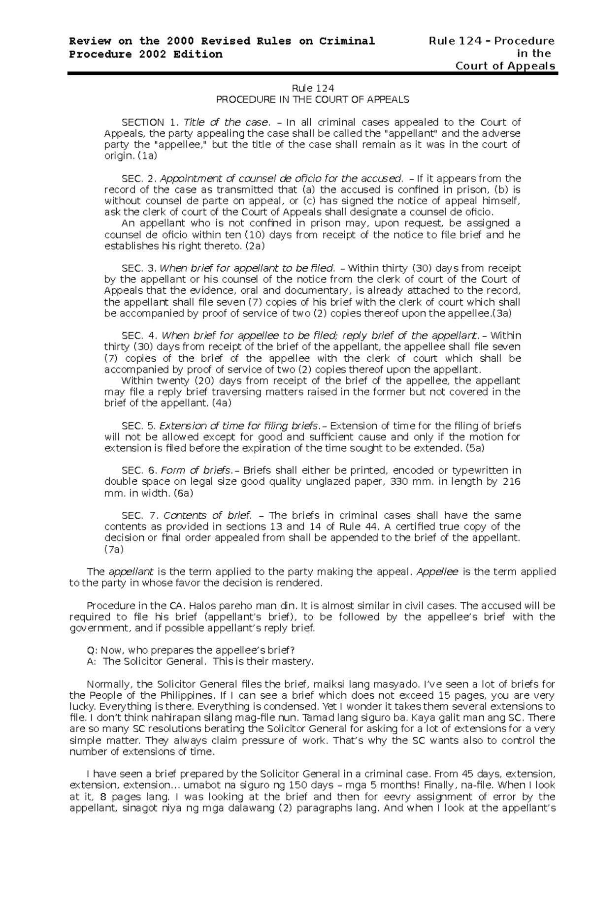 Rule 124-Procedure in the CA - Procedure 2002 Edition in the Court of ...