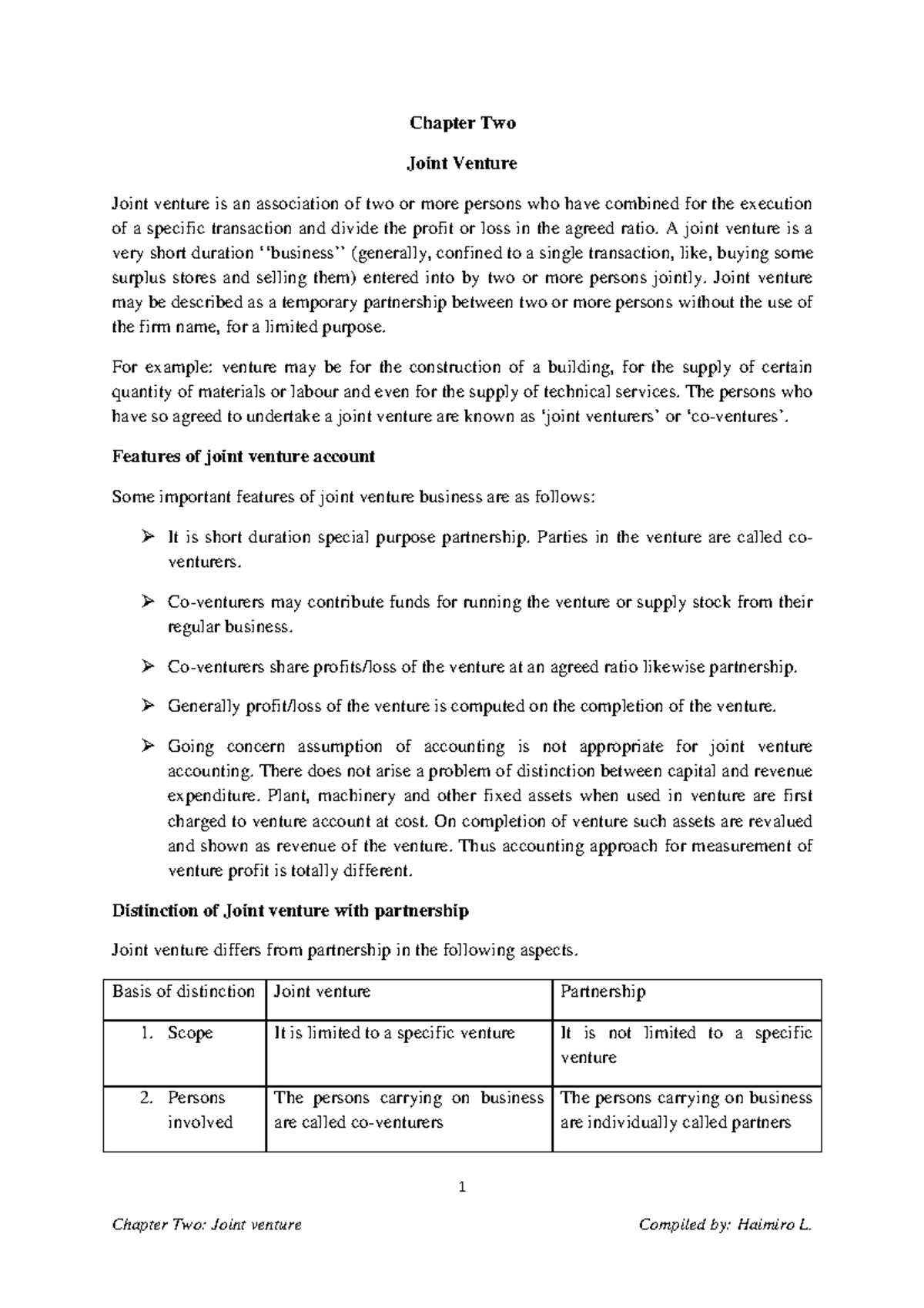 Chapter 2 Joint venture - 1 Chapter Two Joint Venture Joint venture is ...