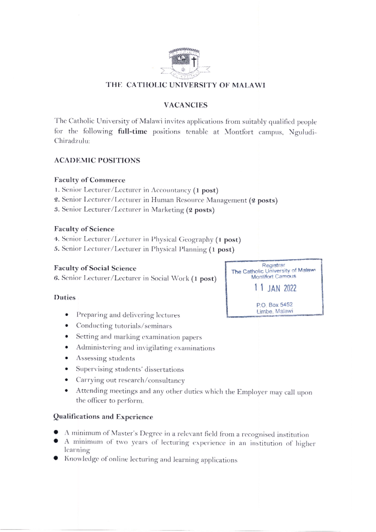 Cunima 2022 JOB Vacancies Advert - x- ####### THE CATHOLIC UNIVERSITY ...
