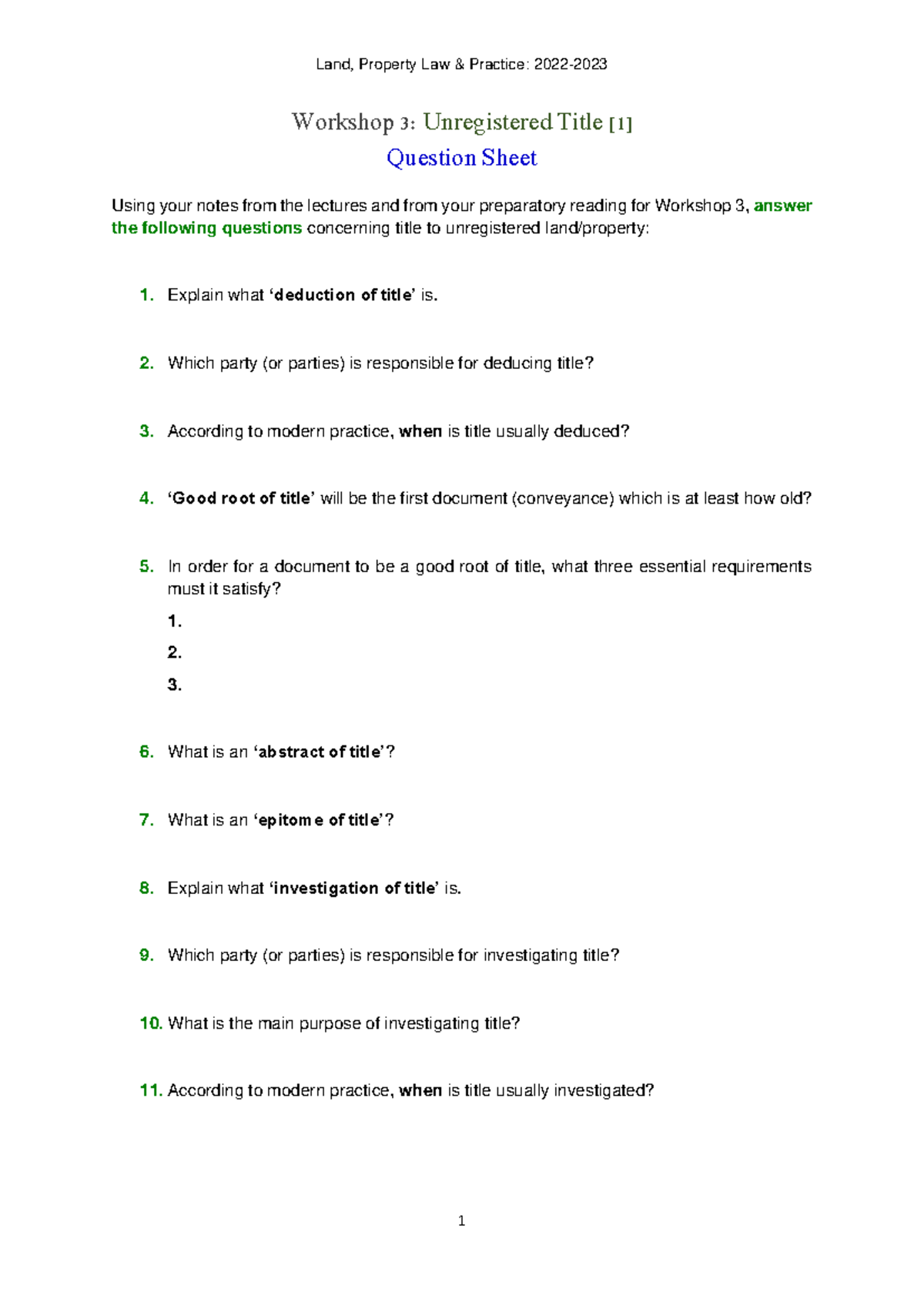 Workshop 3 - Unregistered Title - Question Sheet - Land, Property Law ...