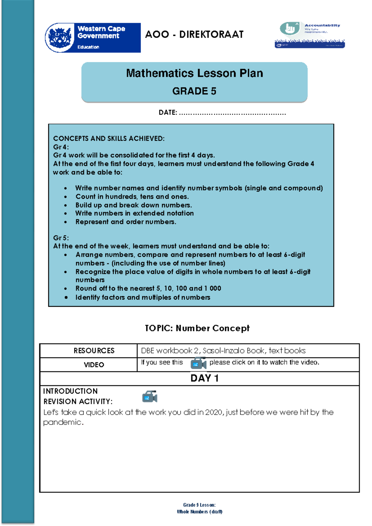 Maths Gr - Lesson plan term 1 - AOO - DIREKTORAAT Grade 5 Lesson: Whole ...