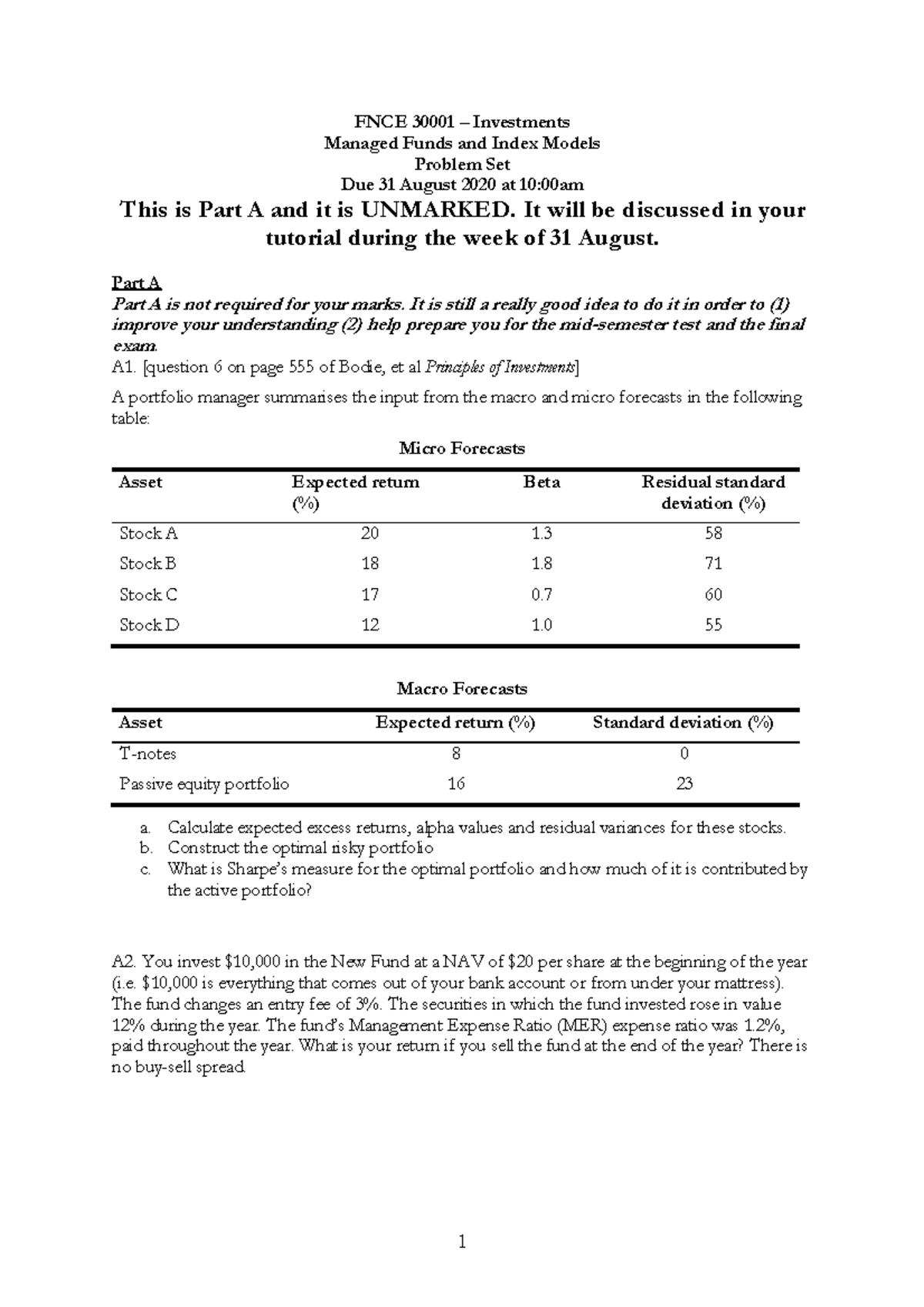 Assignment 4A Managed Funds And Index Models - 1 FNCE 30001 ...