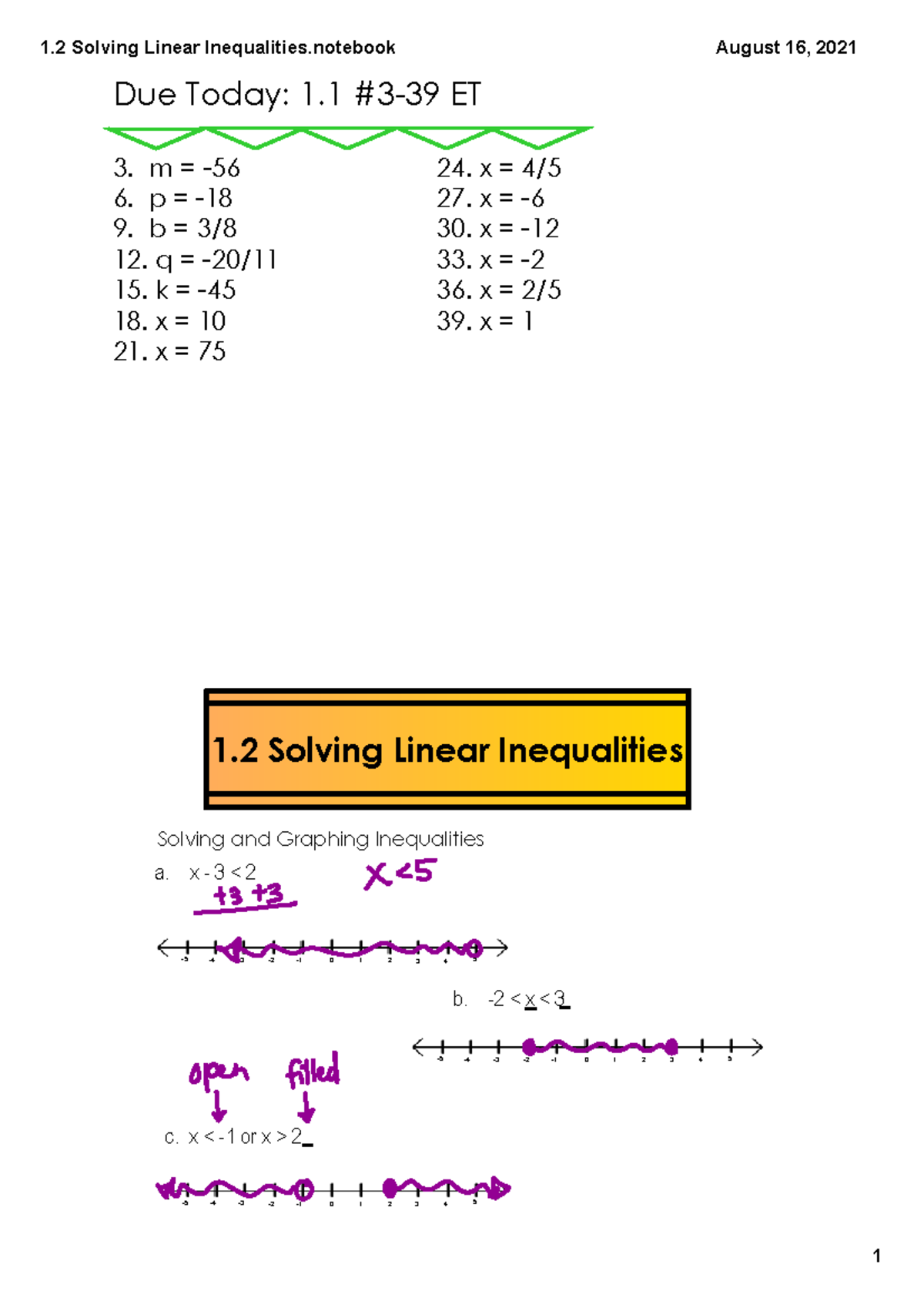 1.2 Solving Linear Inequalities - worked out notes - Due Today: 1 #339 ...