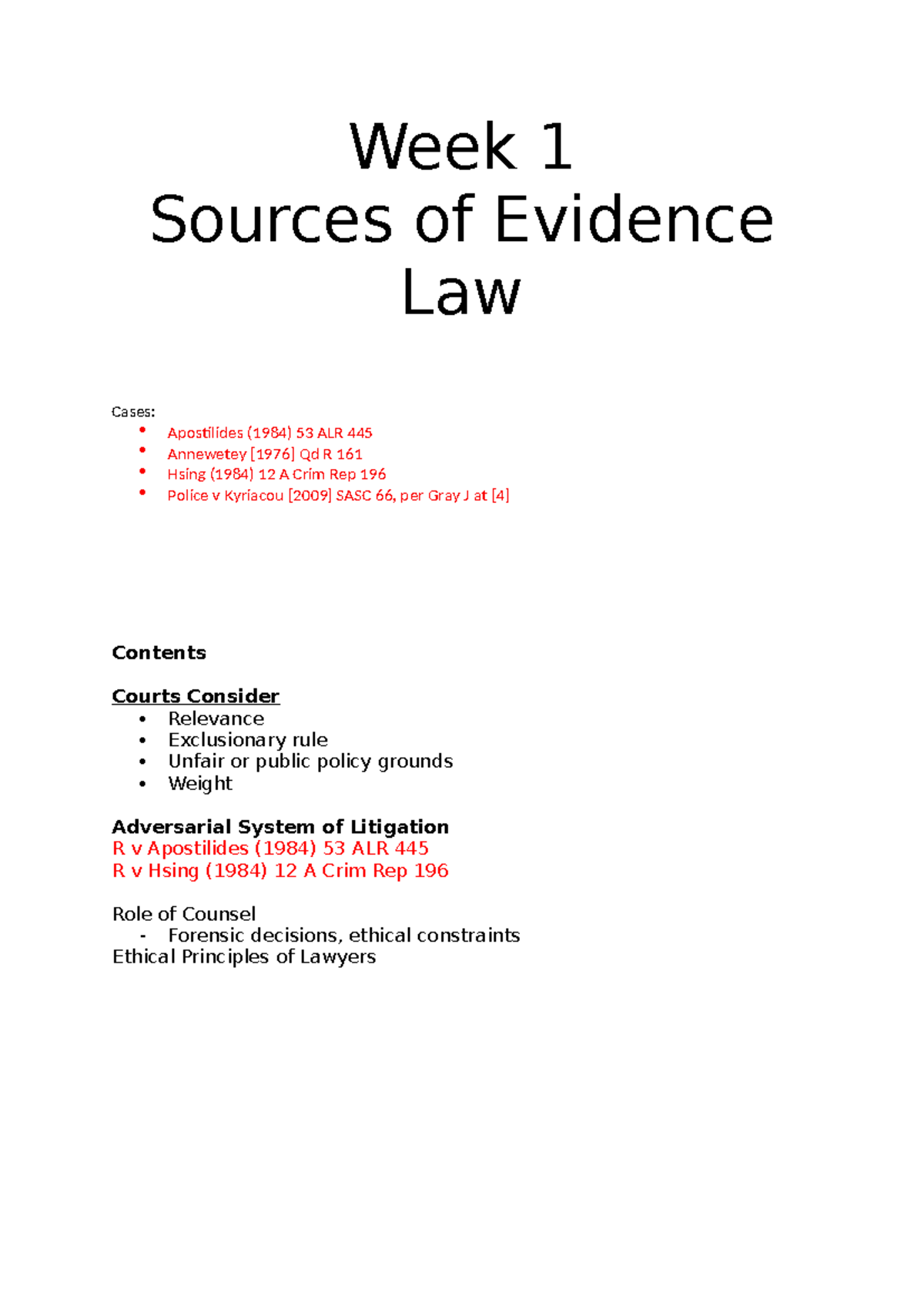 Week 1 - Week 1 exam notes - Week 1 Sources of Evidence Law Cases ...