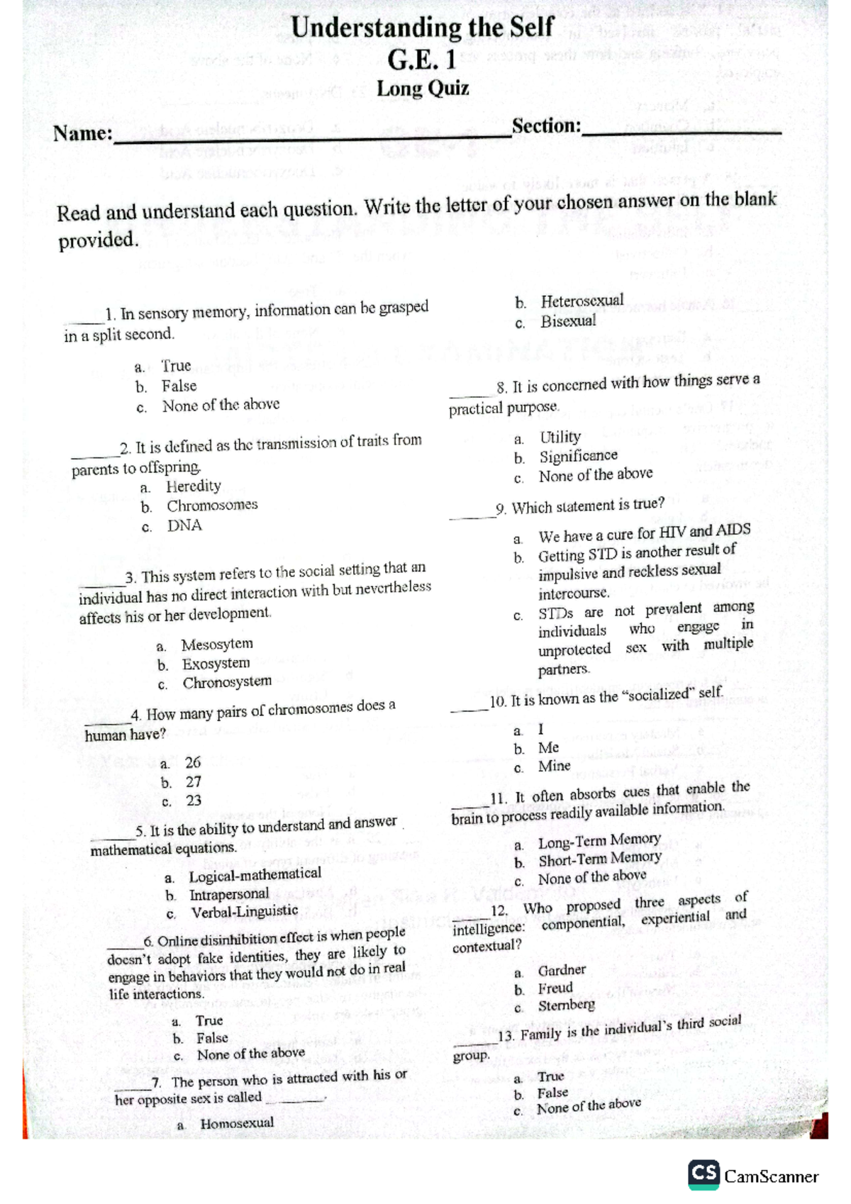 Understanding the Self (Long Quiz) - Copy - BS-Mathematics - CamScanner CamScanner - Studocu