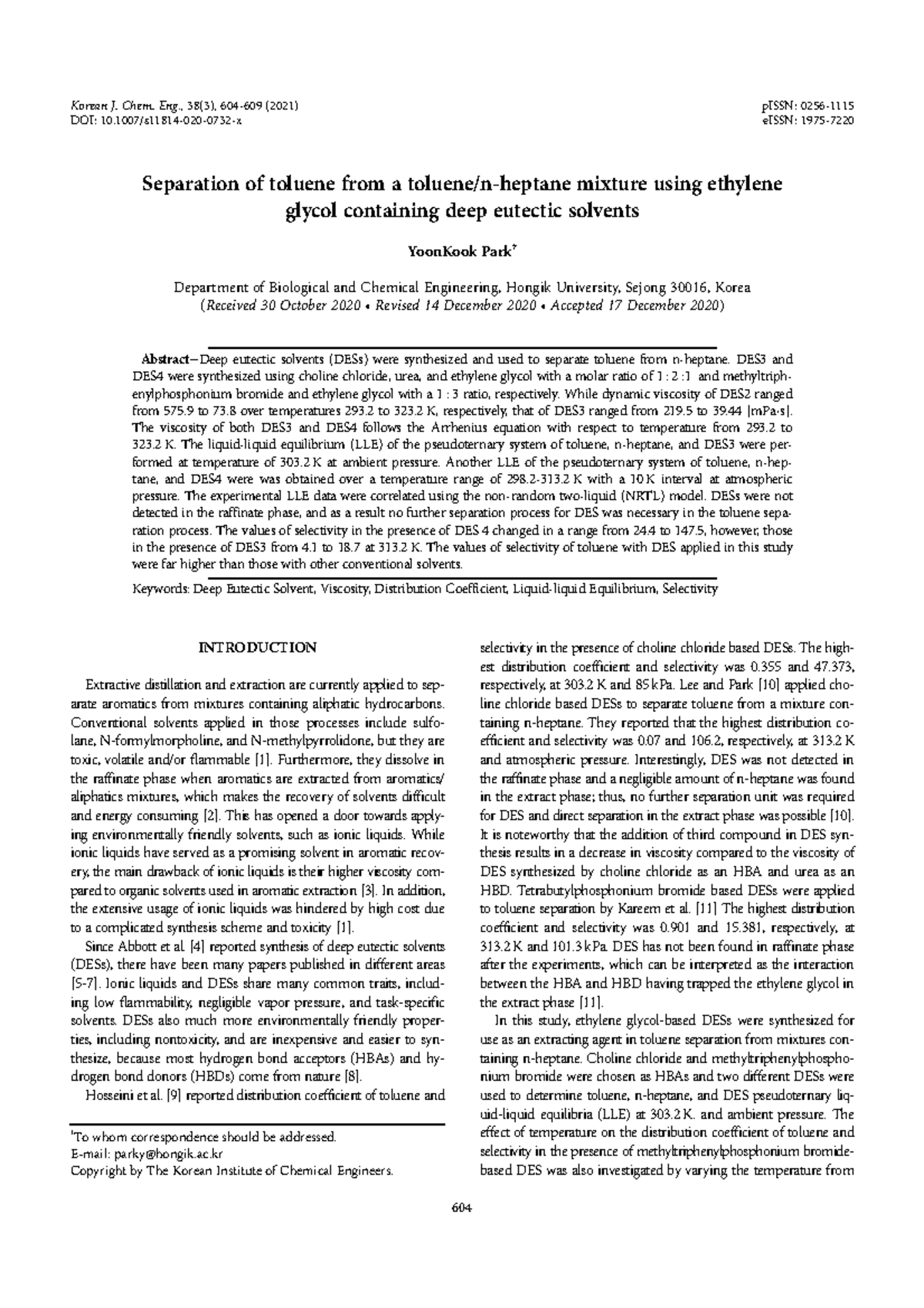 KC38-3-0604 - lab report - 604 Korean J. Chem. Eng., 38(3), 604-609 ...