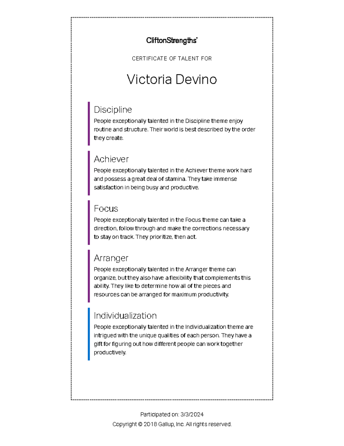 Clifton Strengths Gallup Access - CERTIFICATE OF TALENT FOR Victoria ...