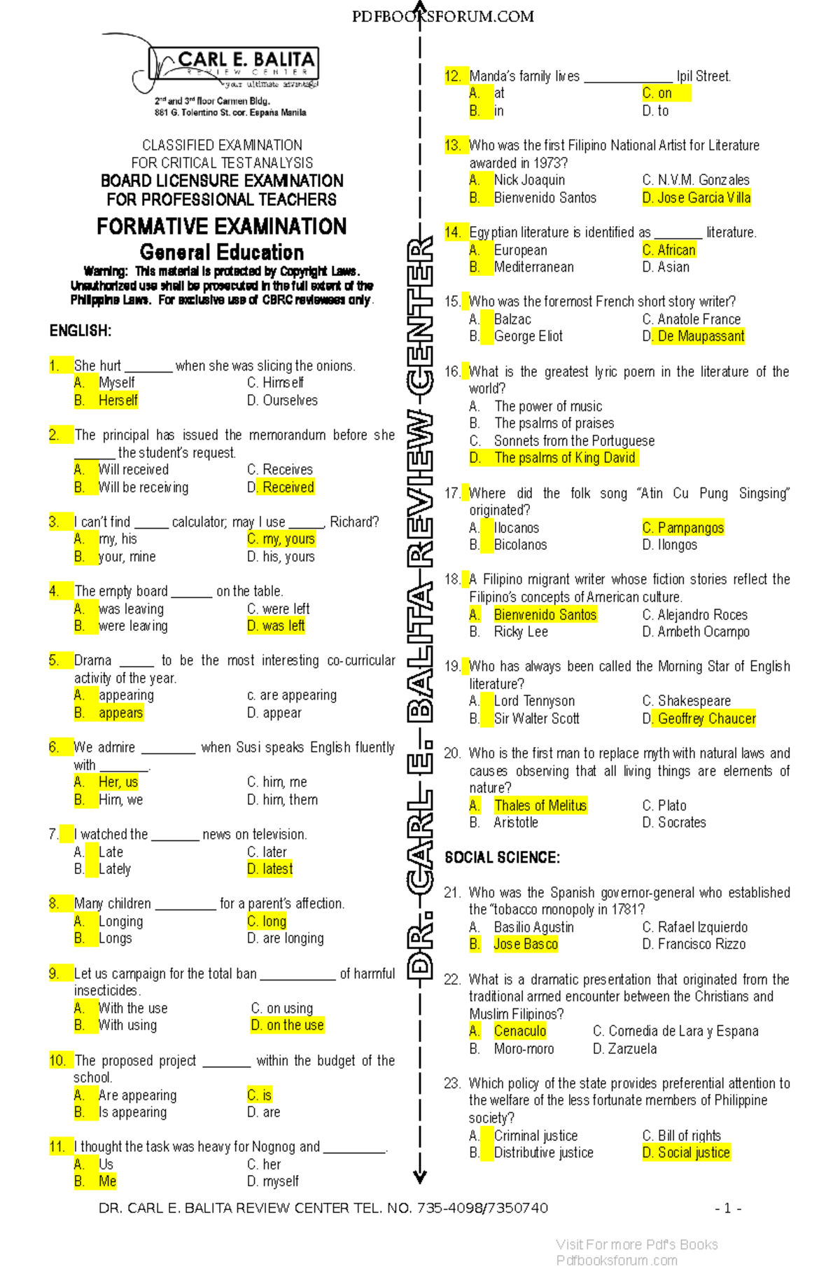 106 Formative Gen Ed Mar2016 Key - CLASSIFIED EXAMINATION FOR CRITICAL ...