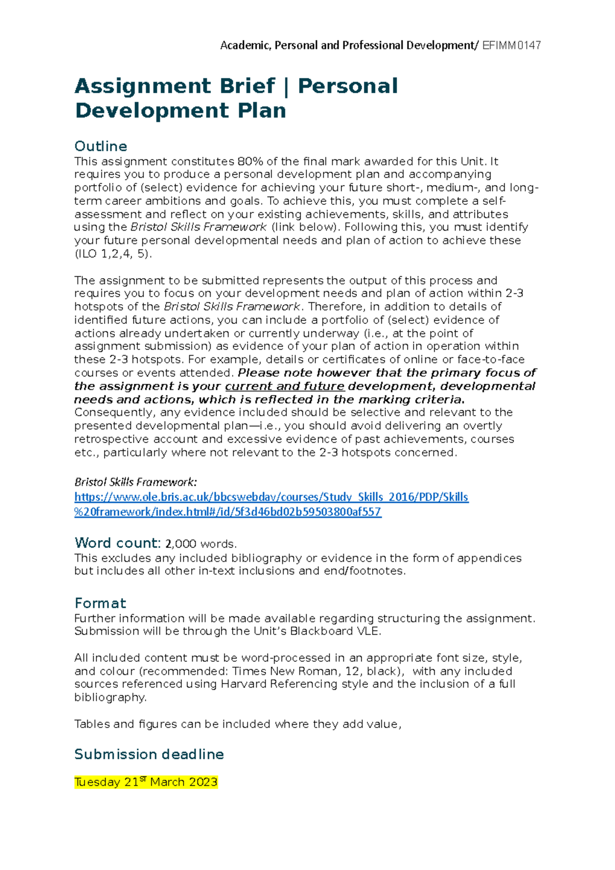 PDP assignment brief ( Final) - Academic, Personal and Professional ...