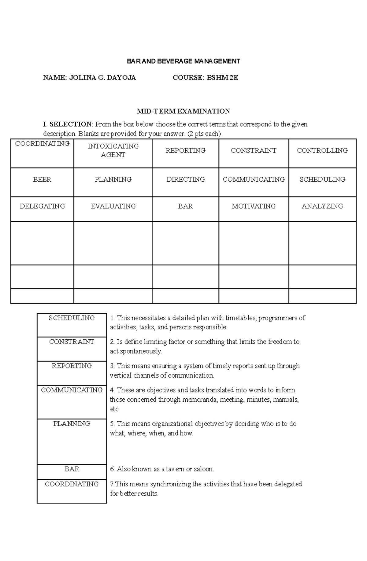 BAR AND Beverage Prelim - BAR AND BEVERAGE MANAGEMENT NAME: JOLINA G ...