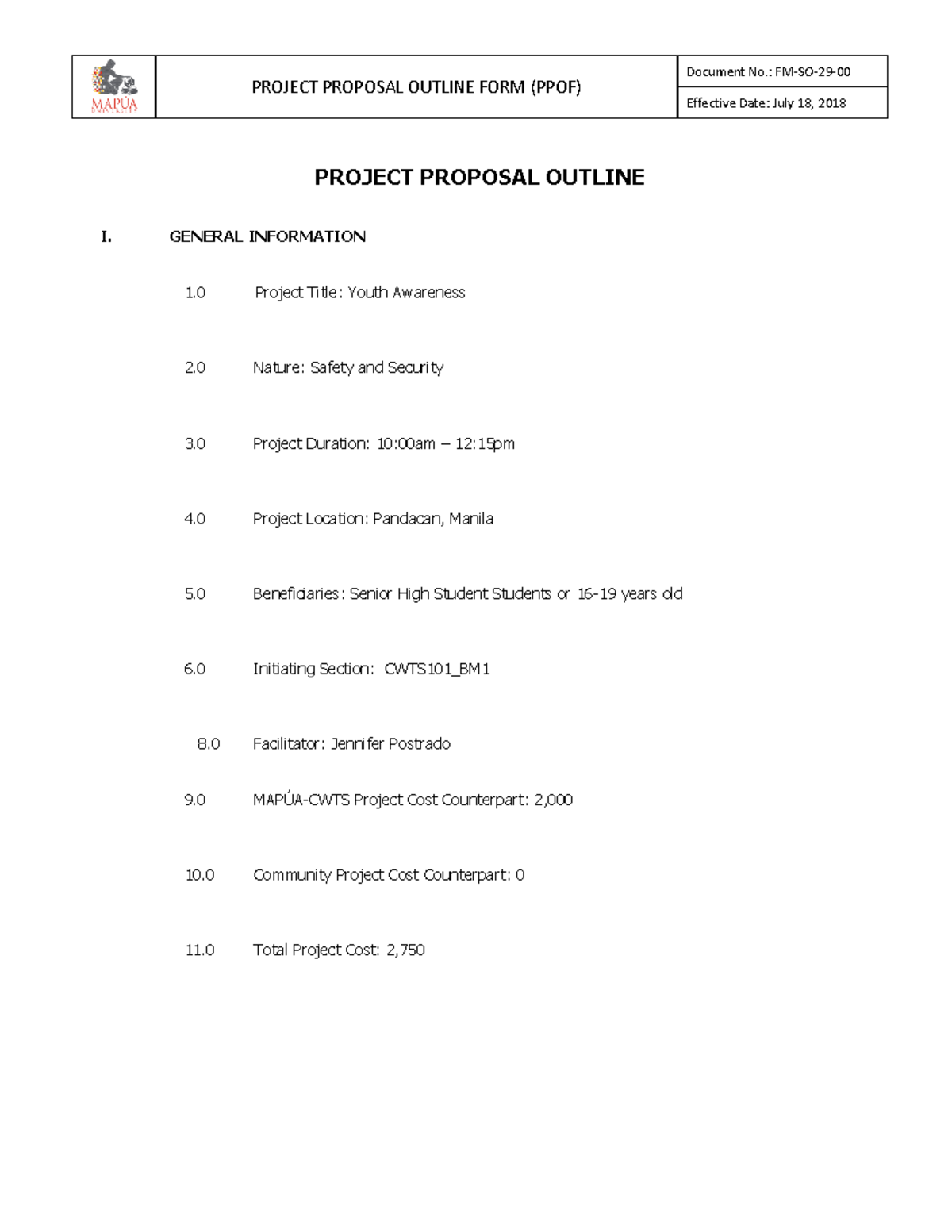 Form - Project Proposal Outline Form - PROJECT PROPOSAL OUTLINE FORM ...
