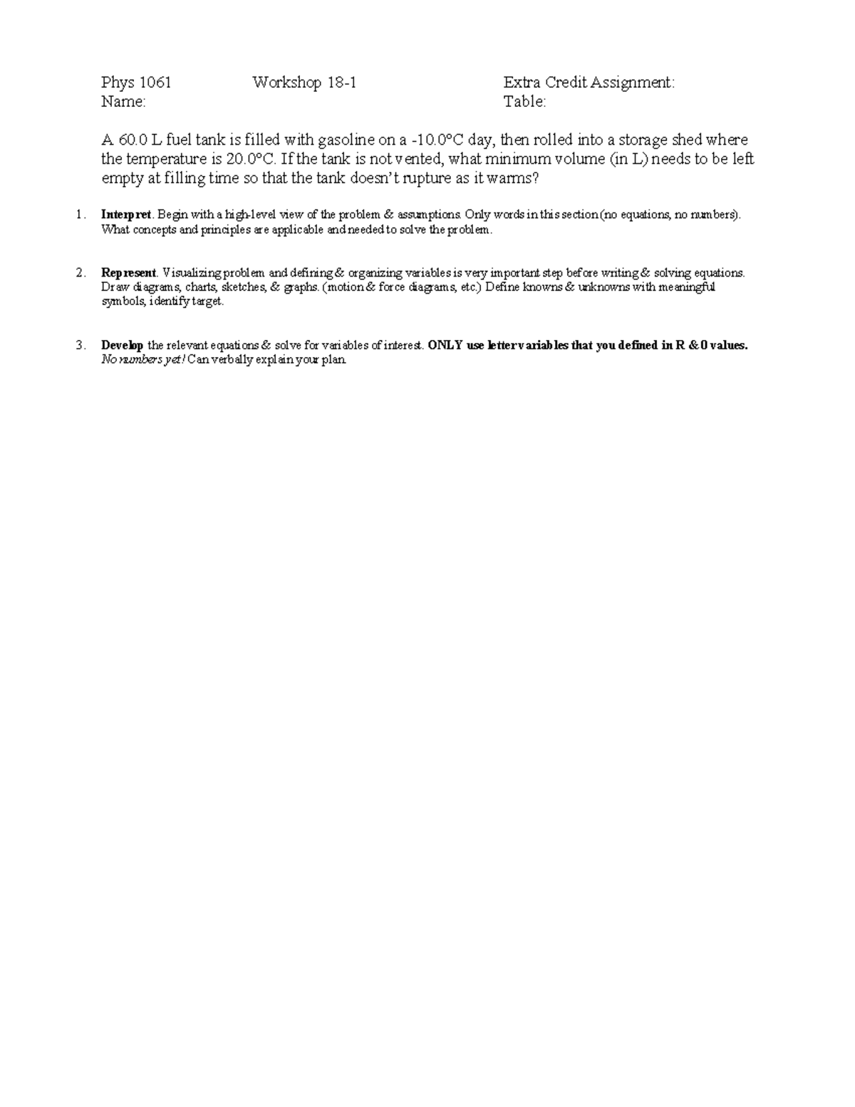 Ch18-Workshop Problem 18-1 - Phys 1061 Workshop 1 8 - 1 Extra Credit Assignment: Name: Table: A ...