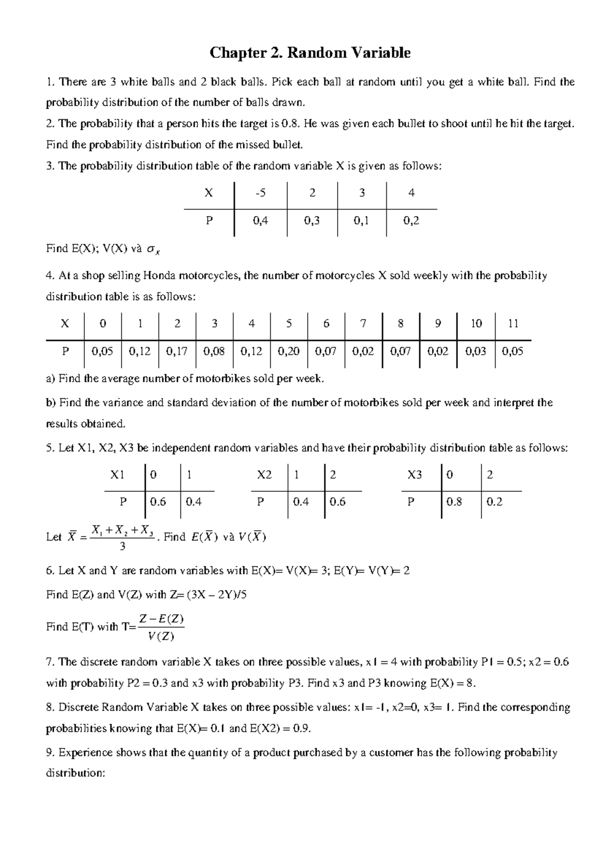 Chap2 Excercises - Homework - Chapter 2. Random Variable There are 3 white balls and 2 black ...