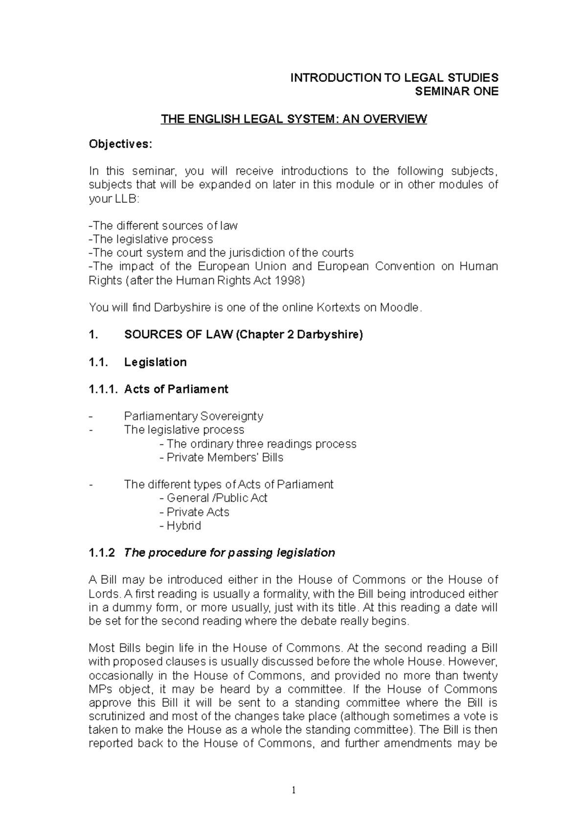 ILS Seminar ONE - INTRODUCTION TO LEGAL STUDIES SEMINAR ONE THE ENGLISH ...