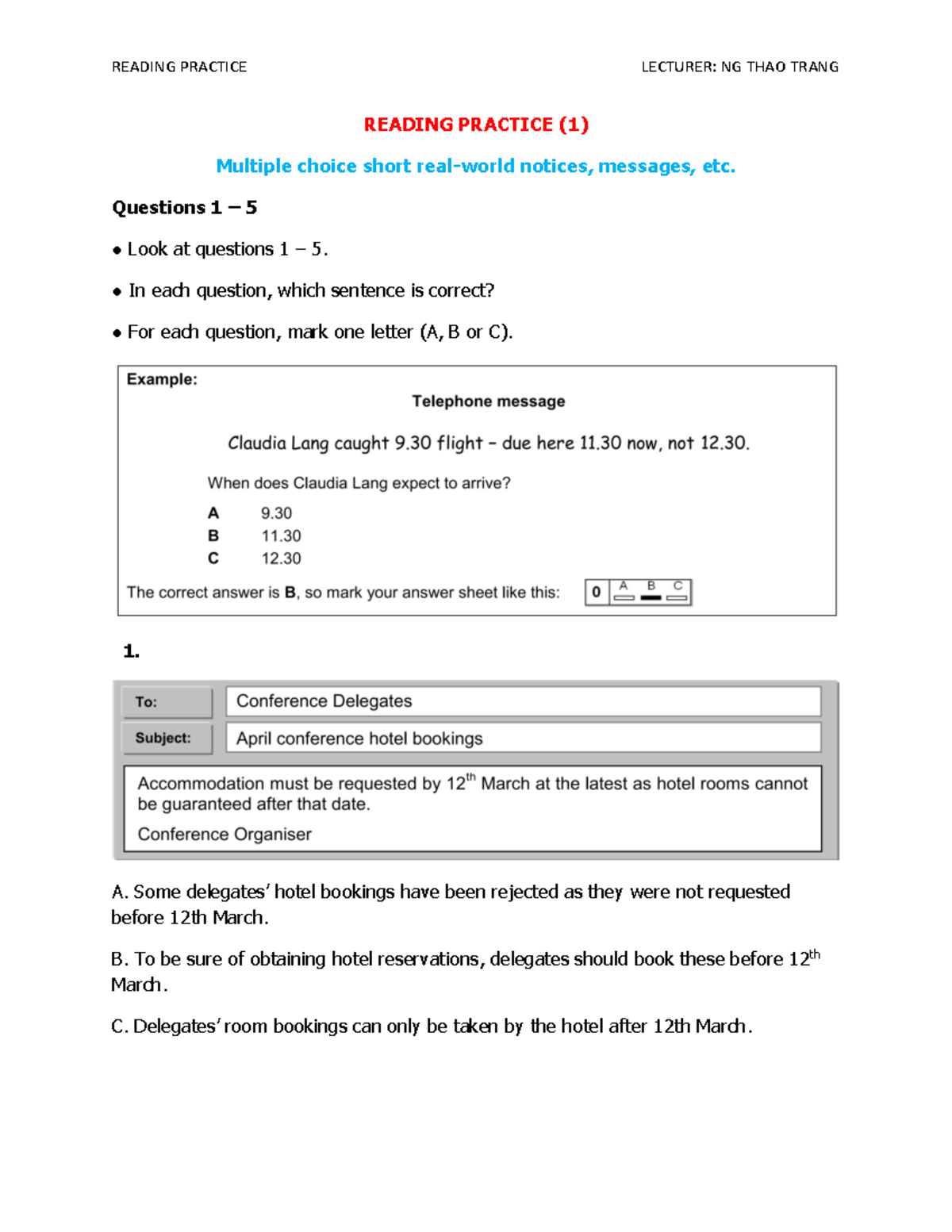 R1. reading practice - english - READING PRACTICE (1) Multiple choice ...