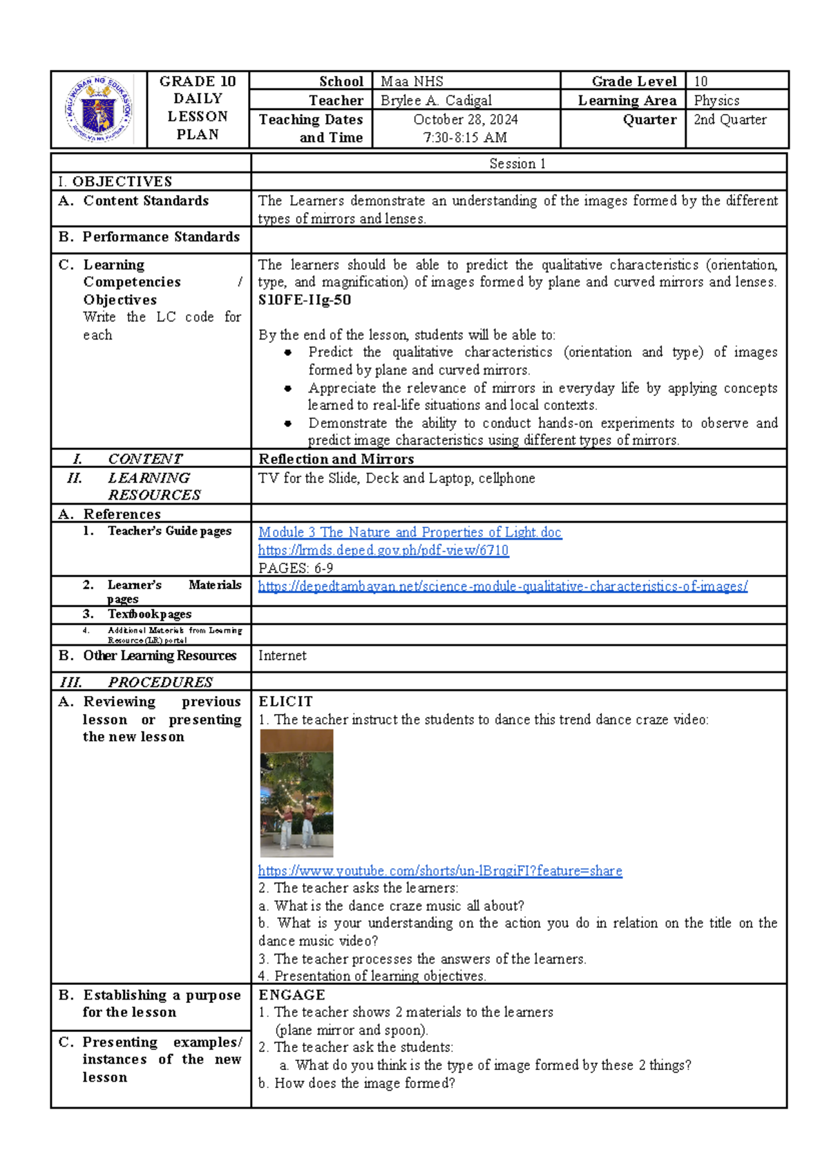 Reflection and mirror lp.docx - Google Docs - GRADE 10 DAILY LESSON ...