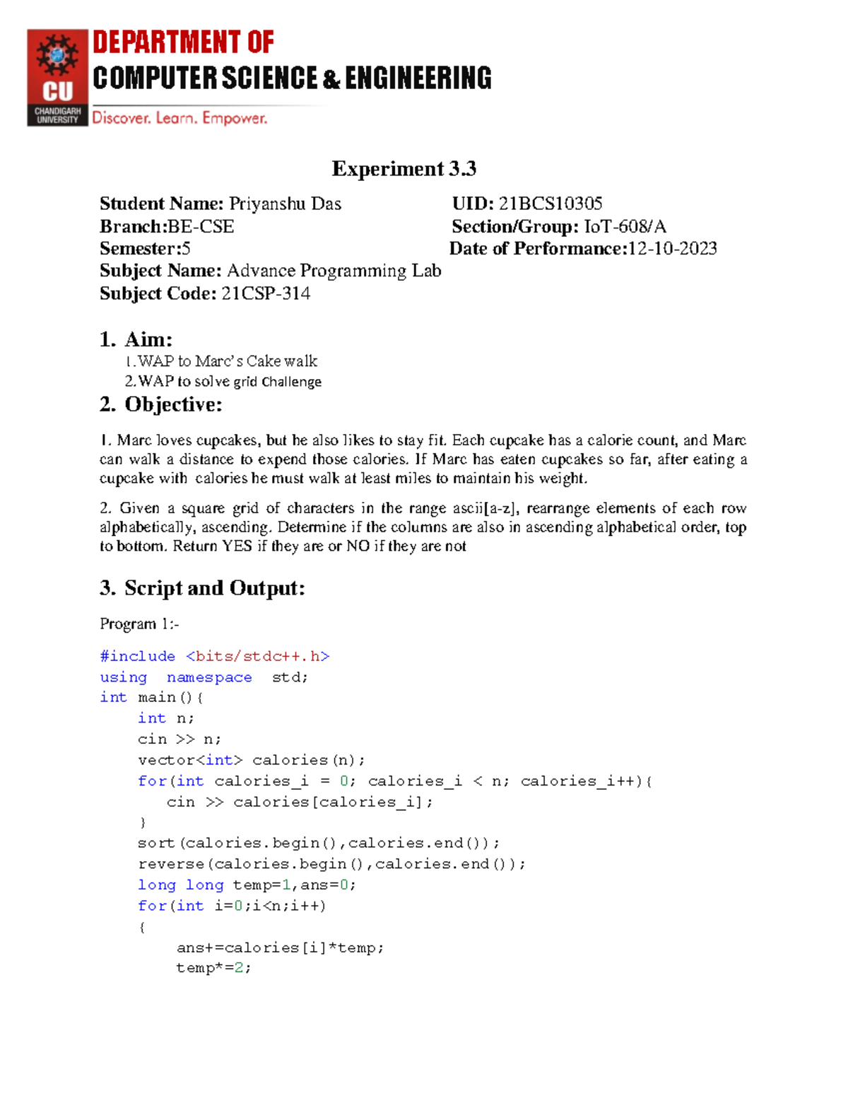 3.3 a - DEPARTMENT OF COMPUTER SCIENCE & ENGINEERING Experiment 3 ...