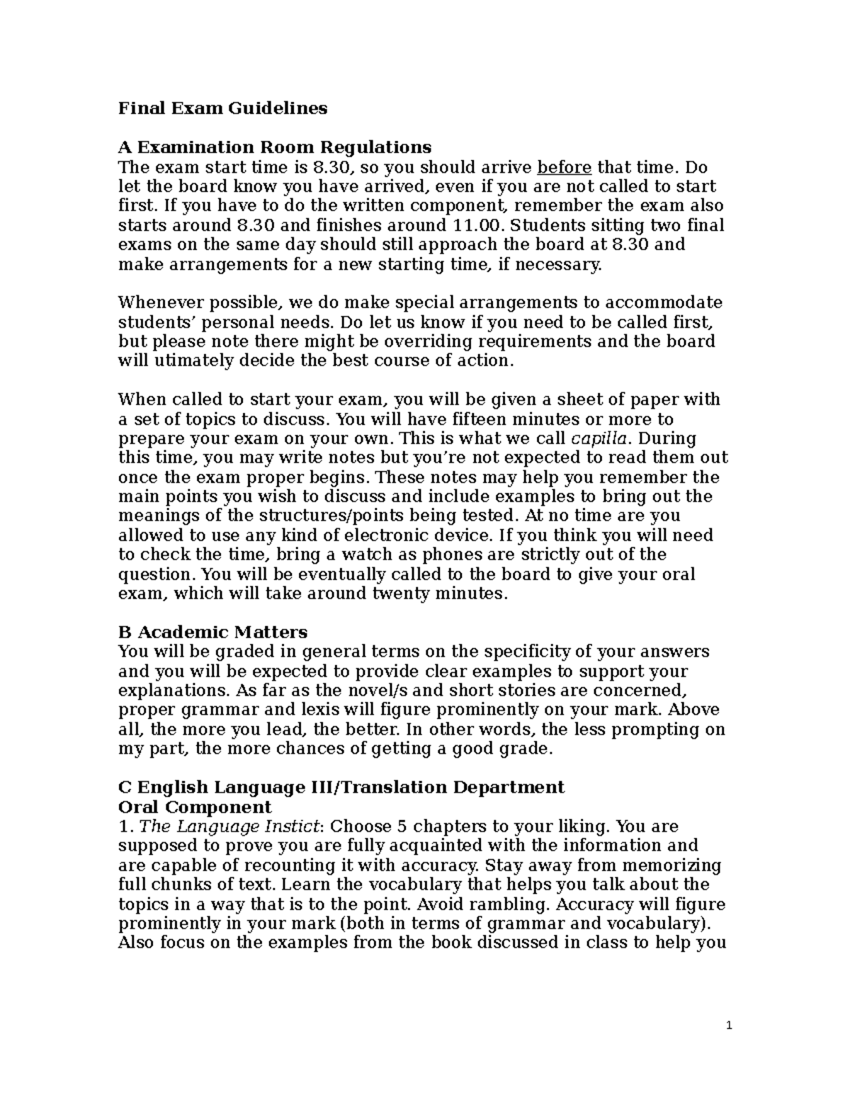 Final Exam Guidelines Language III morning shift TI 2015 - Final Exam Guidelines A Examination ...