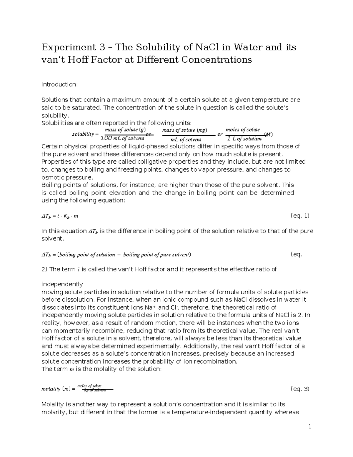 Expt 3 Properties of Solutions - Solubility of Na Cl and its vant Hoff factor S-23 - Experiment ...