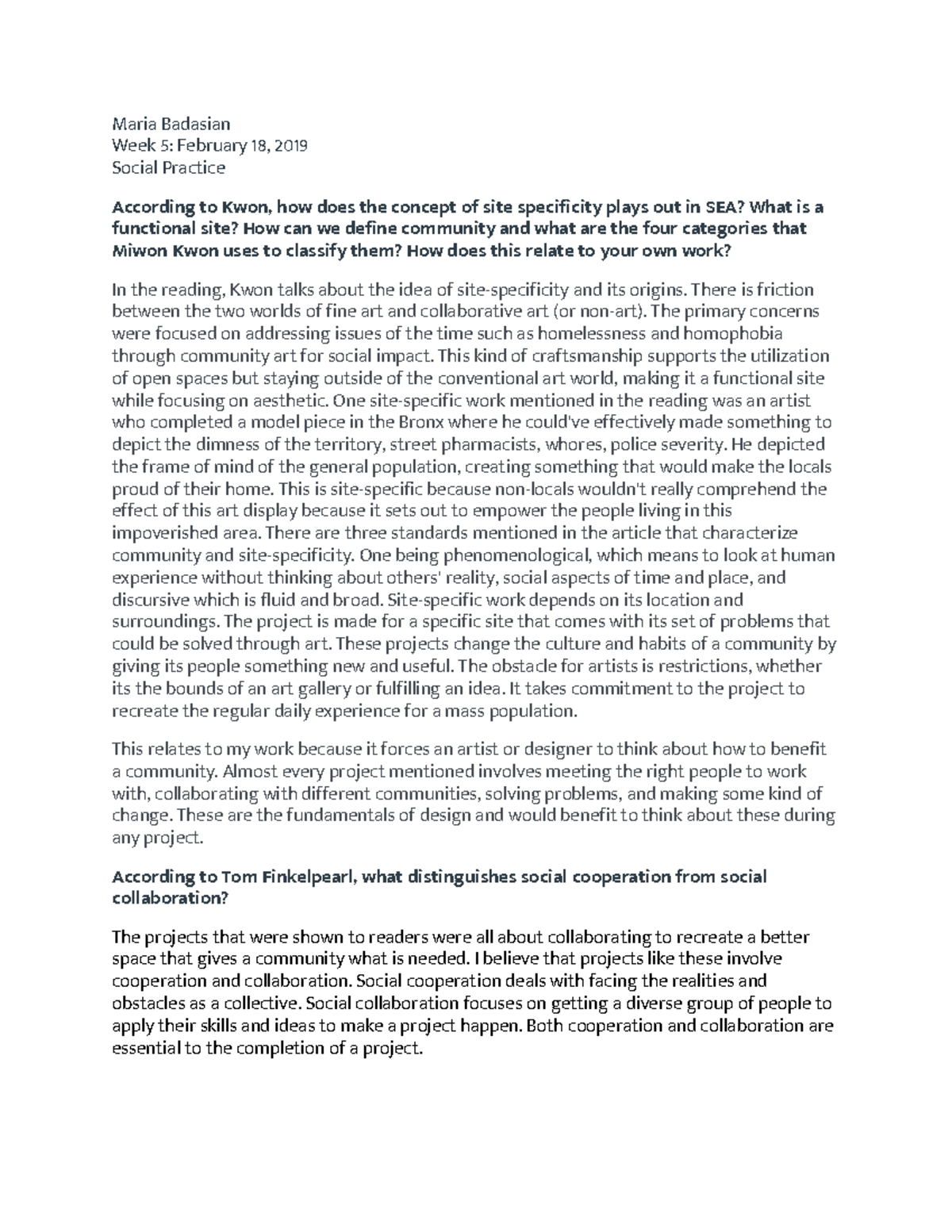 Social Practice_Week 5_Reading Response - Maria Badasian Week 5 ...