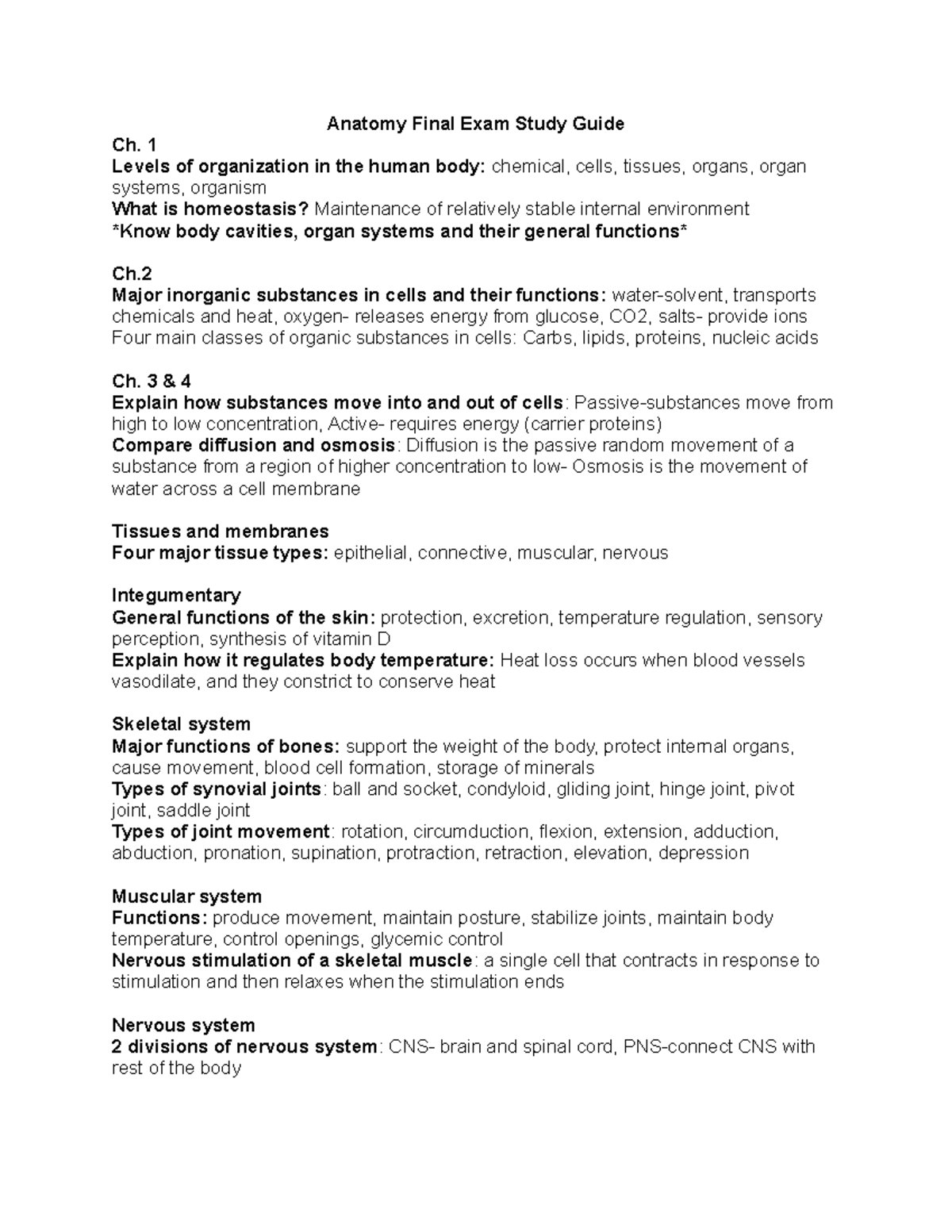 BMS 202 Final exam study guide - Anatomy Final Exam Study Guide Ch. 1 ...