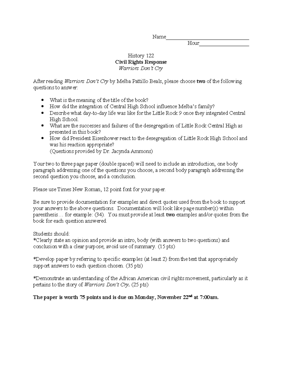 Warrior Civil Rights Rubric #3 - Name ...