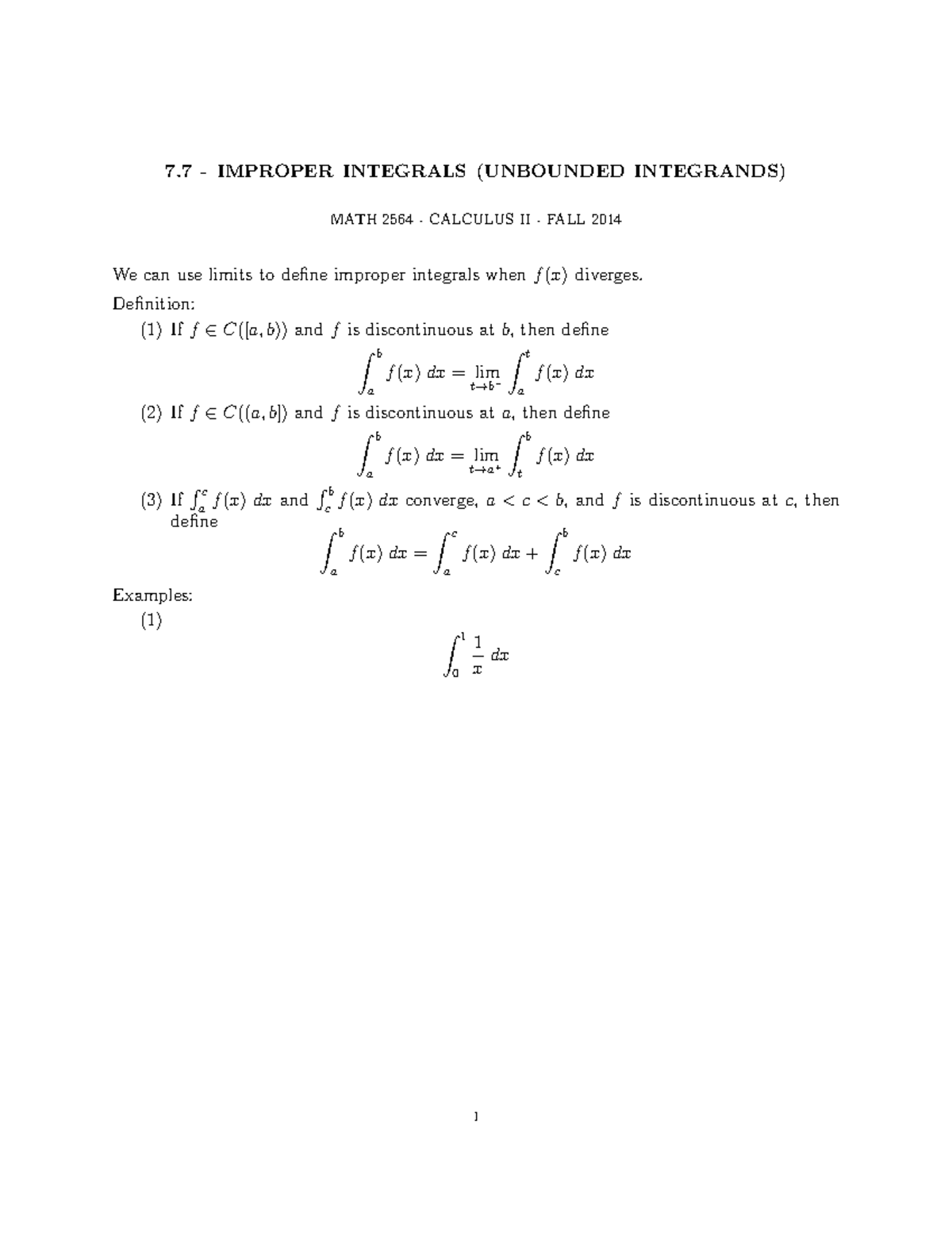 Outline 7 7b - Lecture notes 7-7b - 7 - IMPROPER INTEGRALS (UNBOUNDED ...