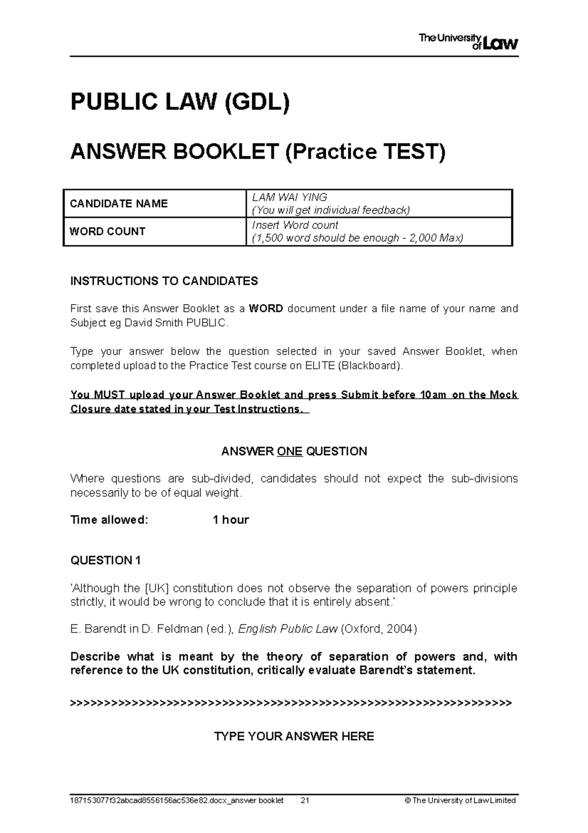 Public Law Mock Question - PUBLIC LAW (GDL) ANSWER BOOKLET (Practice ...