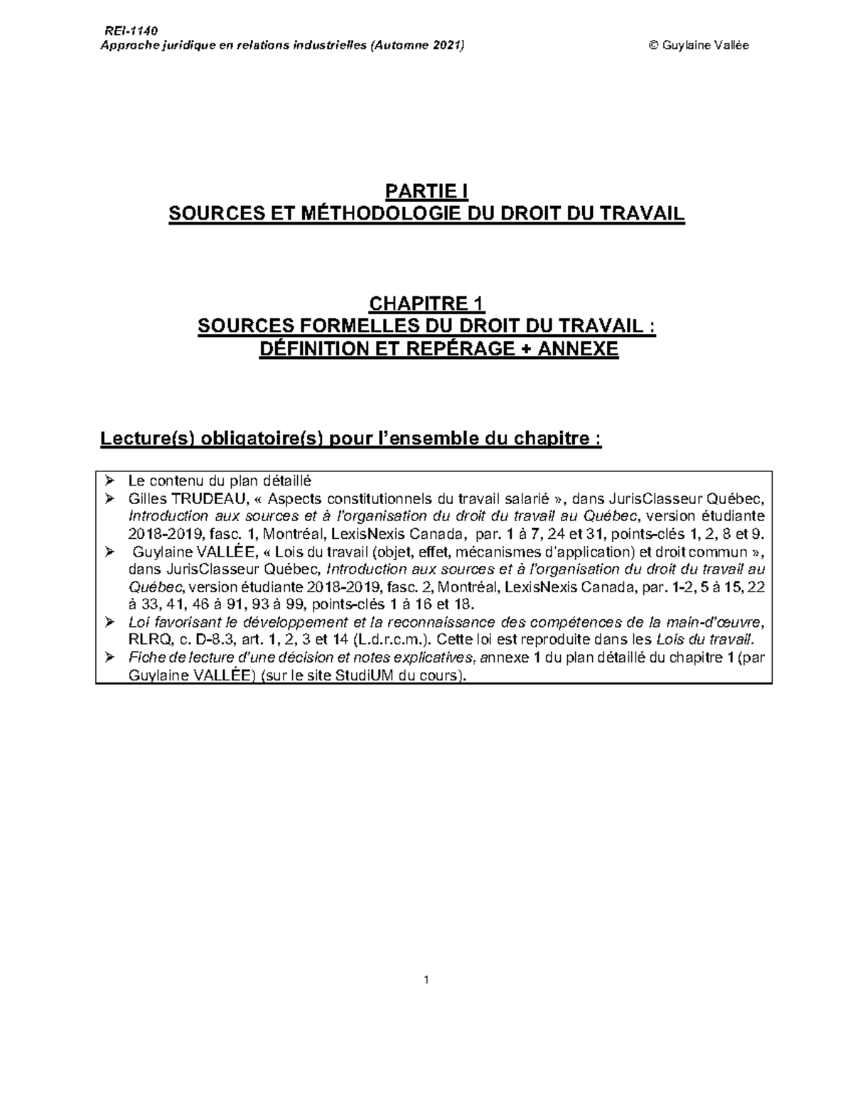 Plan détaillé du chapitre 1 « Sources formelles du droit du travail ...