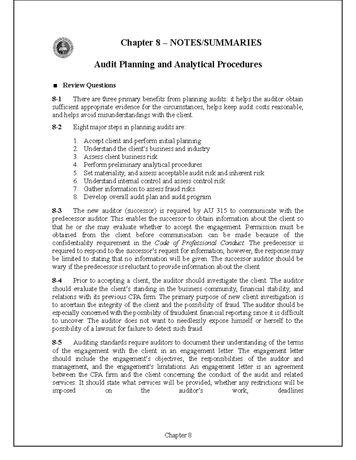 Audit Planning and Analytical Procedures - Chapter 8 – NOTES/SUMMARIES ...