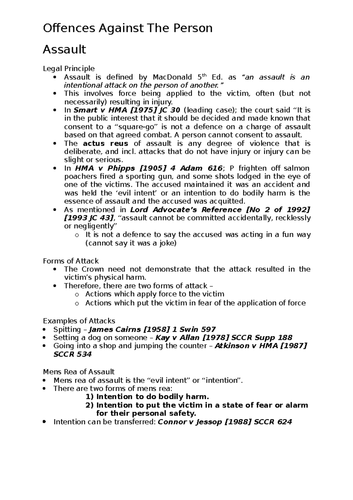 Crimes against a person - Assault Legal Principle Assault is defined by ...