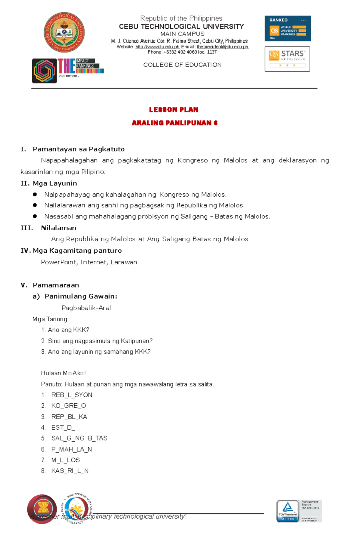 Lesson PLAN IN AP6 - CEBU TECHNOLOGICAL UNIVERSITY MAIN CAMPUS M. J ...
