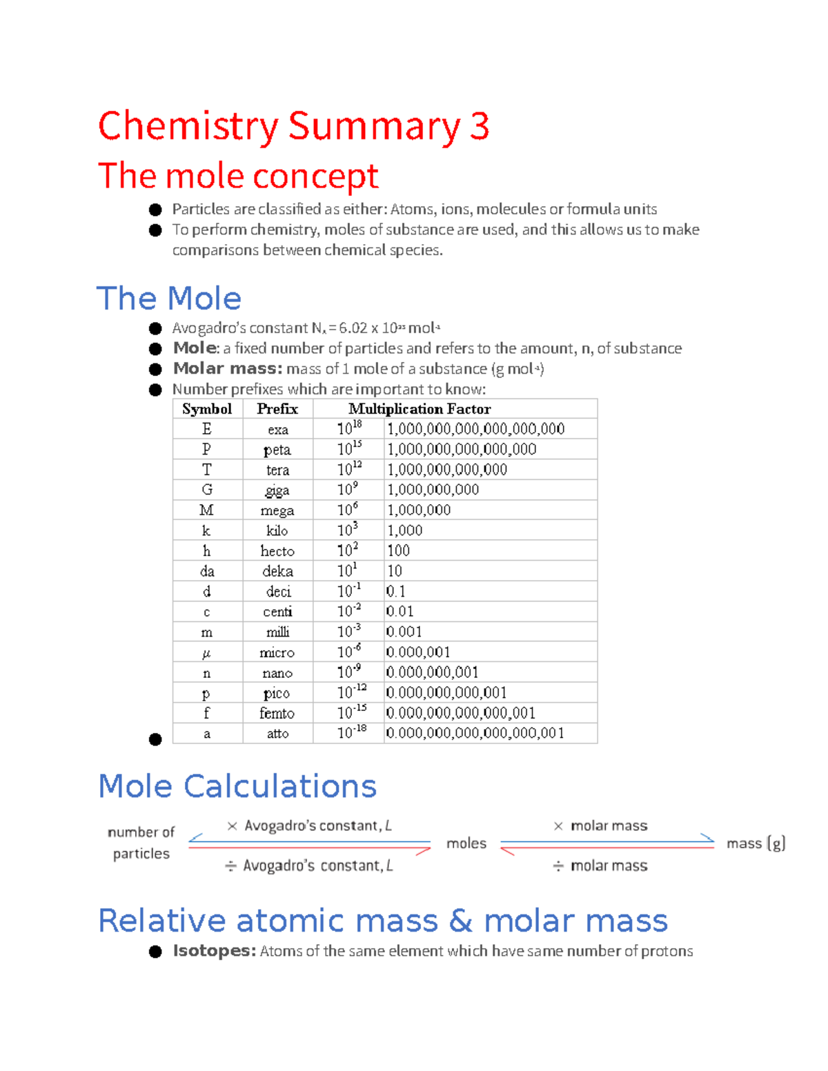 3- The mole concept - moli - Chemistry Summary 3 The mole concept ...