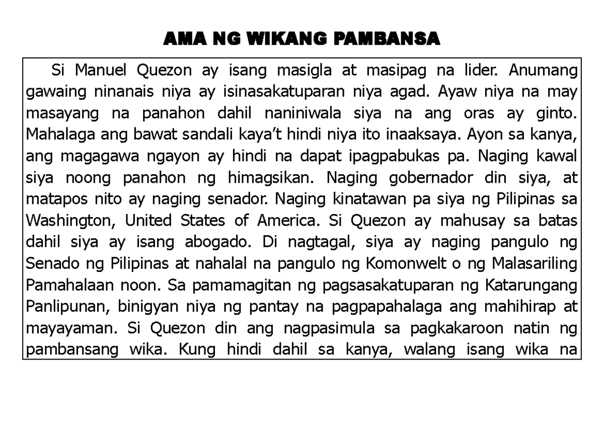 AMA NG Wikang Pambansa - AMA NG WIKANG PAMBANSA Si Manuel Quezon ay ...