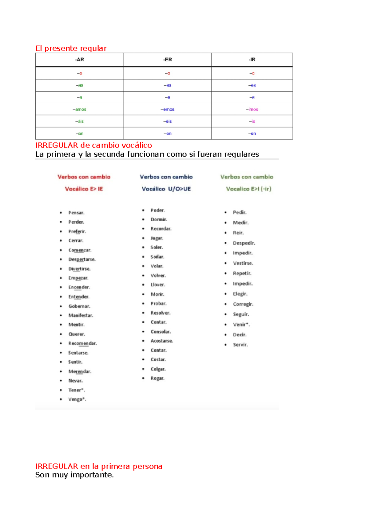 El presente regular - APPUNTI IN CLASSE - El presente regular IRREGULAR ...