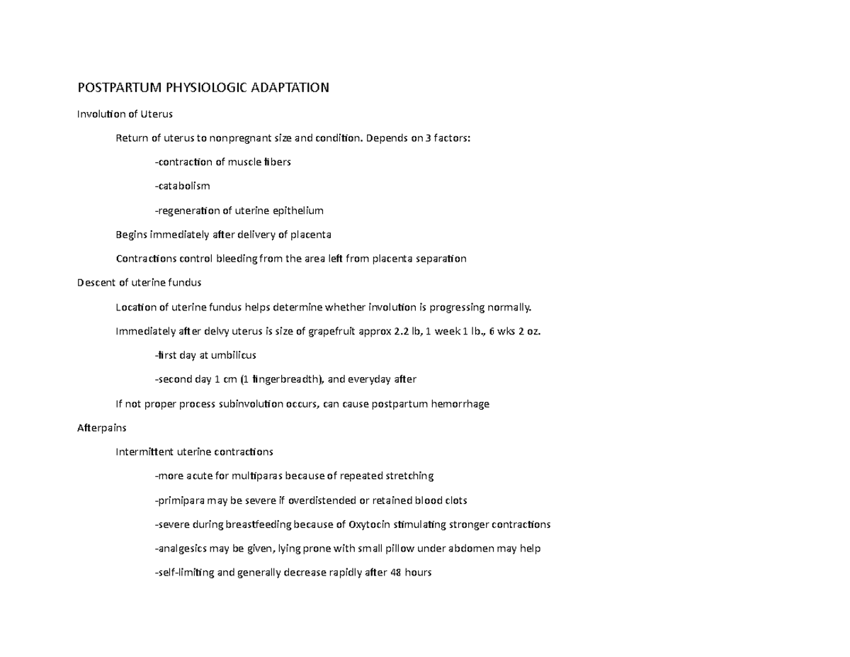 Postpartum Physiologic Adaptation - POSTPARTUM PHYSIOLOGIC ADAPTATION ...