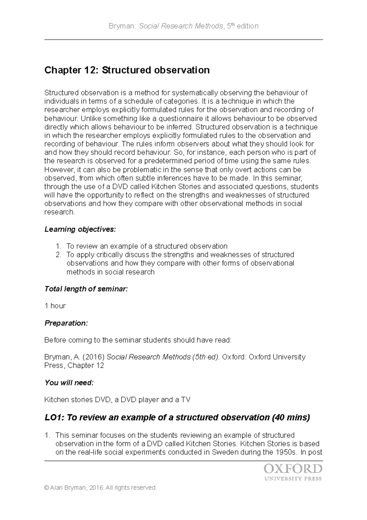 Brymansrm 5e seminaroutline ch12 - Bryman: Social Research Methods , 5th edition Chapter 12 ...