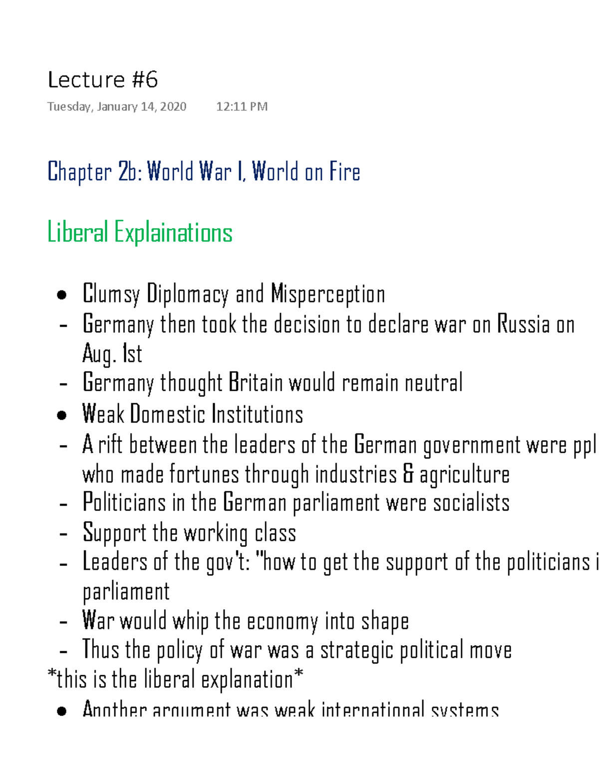 Lecture 6 POLS 250 - Notes - Chapter 2b: World War I, World on Fire ...