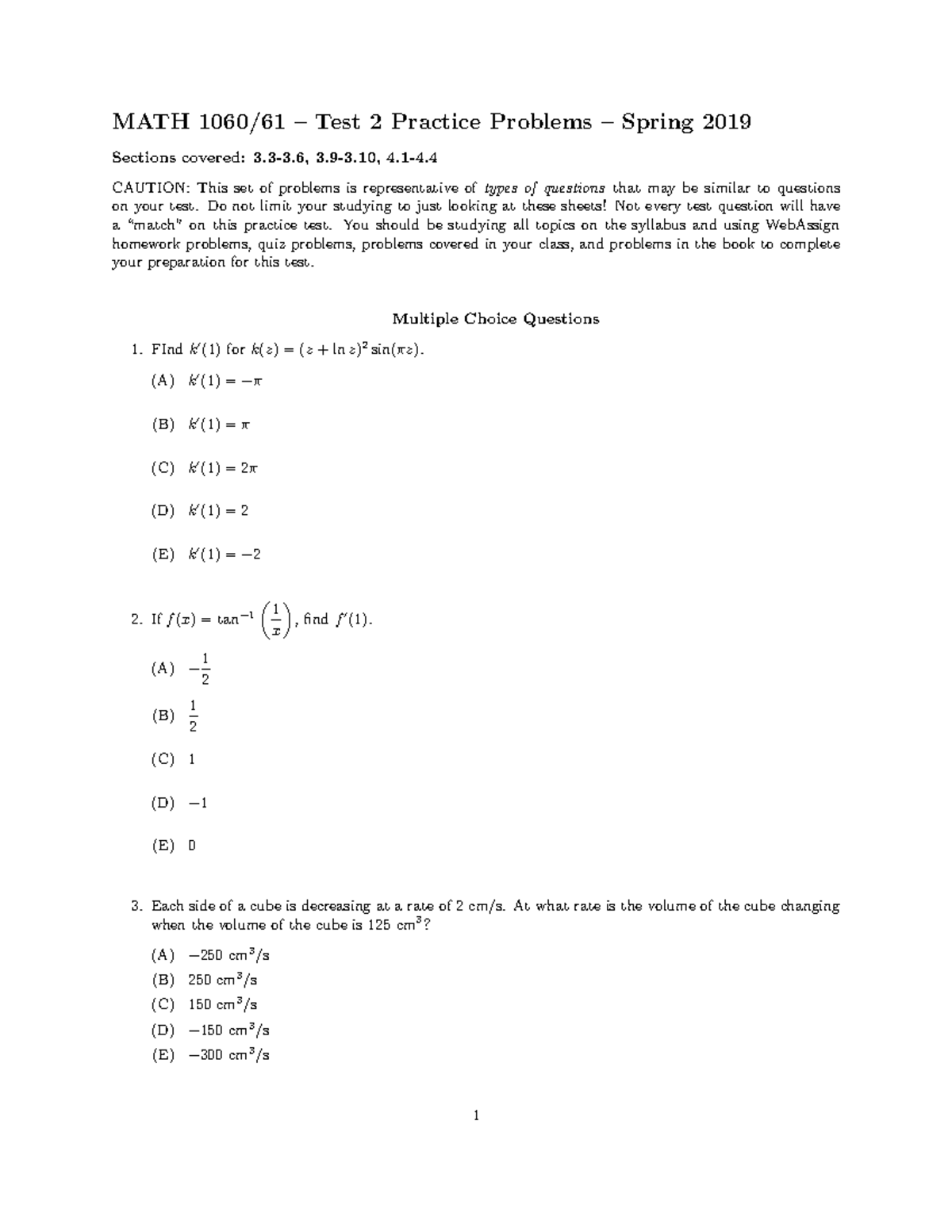MATH 1061 Test 2 Practice - MATH 1060/61 – Test 2 Practice Problems ...