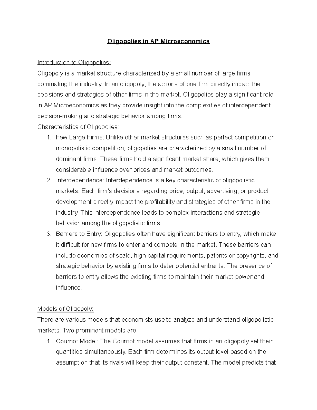 Oligopolies Lecture Notes - Oligopolies in AP Microeconomics ...