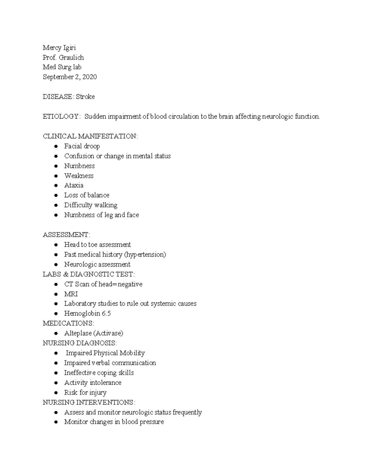 Concept map 1 stroke - Lecture notes 3 - Mercy Igiri Prof. Graulich Med ...