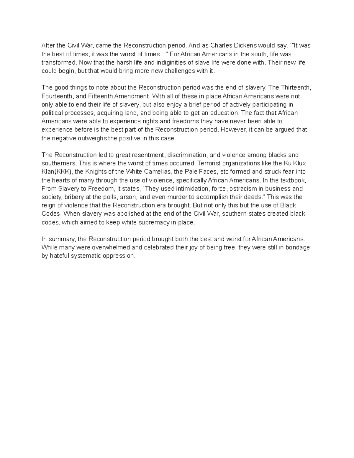 Discussion Week 8 - Reconstruction - After the Civil War, came the ...